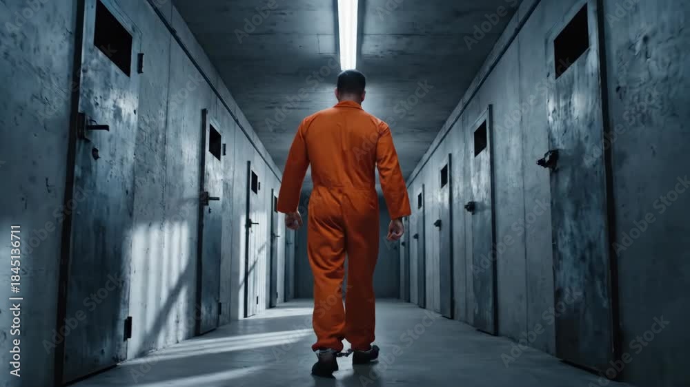 Prisoner walking down prison corridor. Man in orange jumpsuit in dimly ...