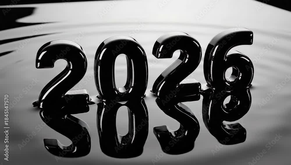2026 New Year Ripple Effect Shiny Black Numbers on Liquid Surface ...