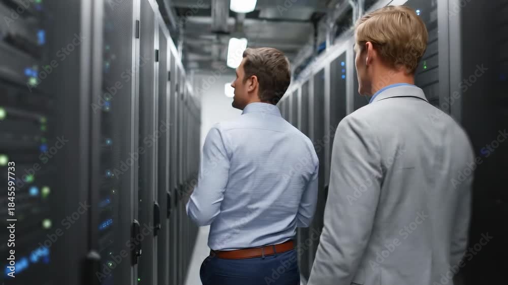 Two professionals walk through a modern data center in the afternoon ...