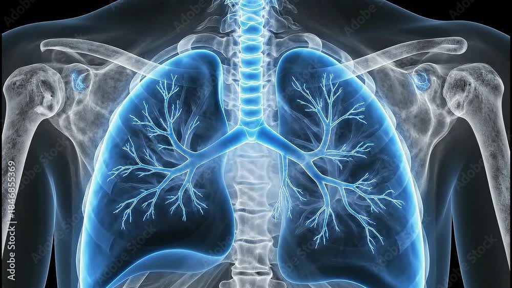 Human Respiratory System X-Ray Scan with Lungs and Spine Highlighted in ...