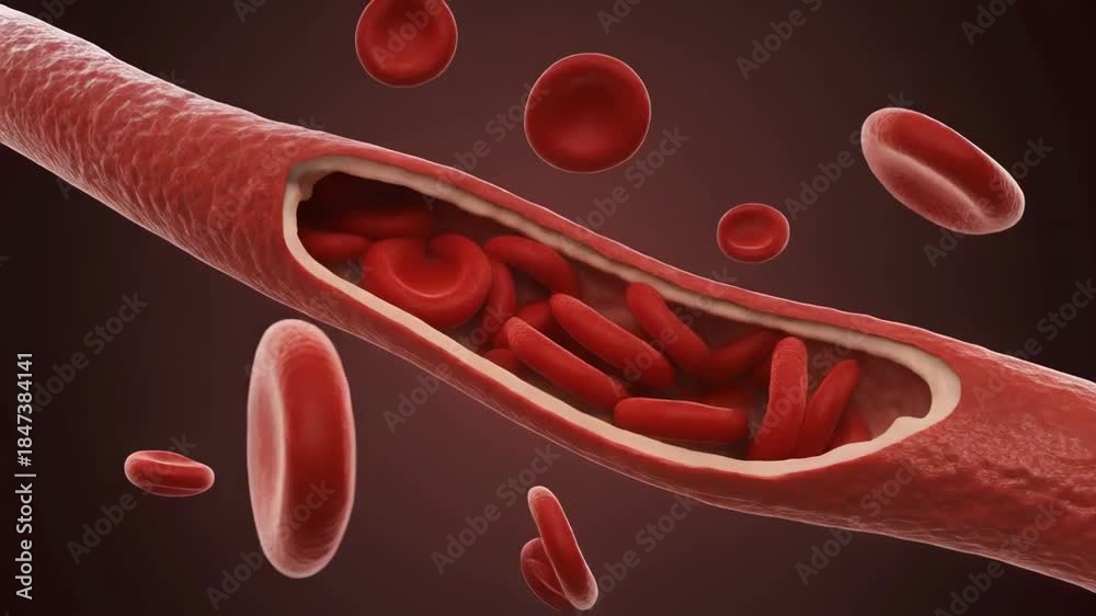 Microscopic view of a blood vessel showing red blood cells flowing ...