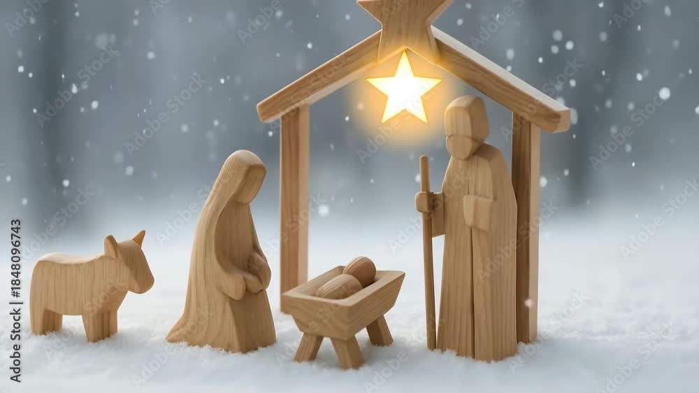 A wooden nativity scene with Jesus, Mary, and Joseph in the snow. A ...