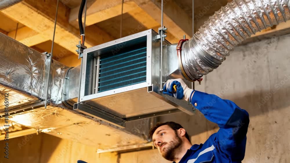 Installer adjusting vents and assembling a ducted HVAC systems internal ...