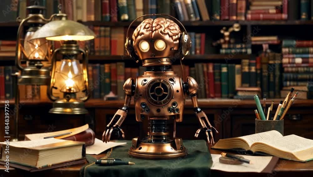 Copper Steampunk Robot Bust with Exposed Brain in Vintage Library Study ...