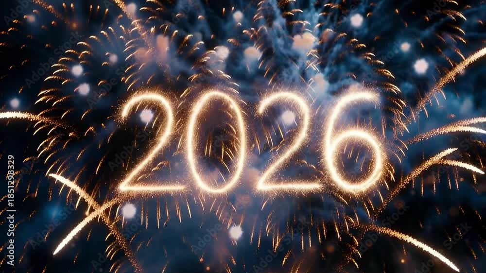 A cinematic animation celebrating New Year 2026 with fireworks forming ...