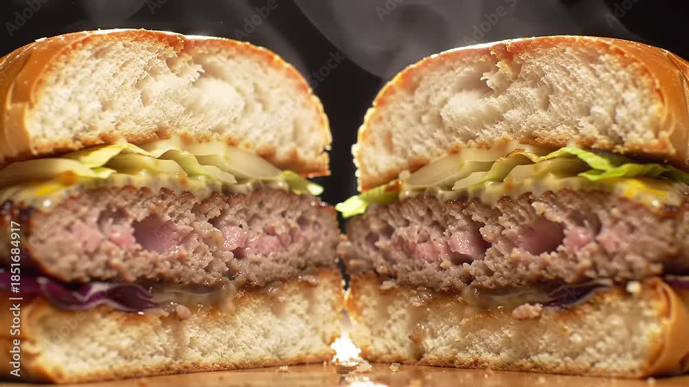 Fresh burger sliced open revealing ingredients. Stock ビデオ | Adobe Stock