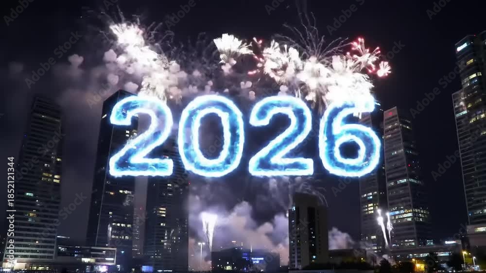 New year 2026 celebration fireworks display in the city skyline at ...