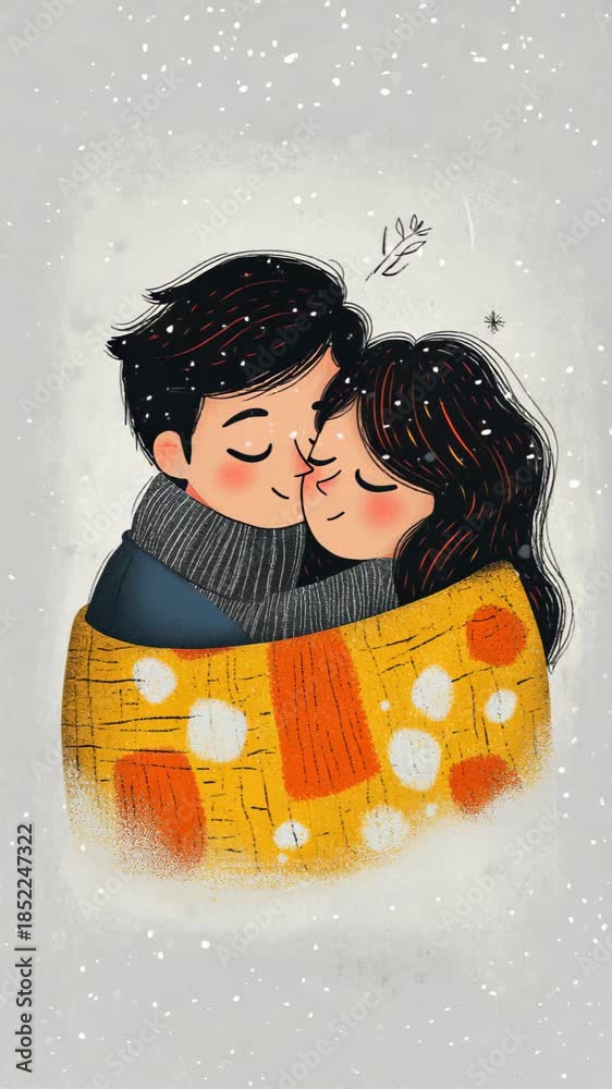 A stylized animated couple, a man and a woman, huddle together under a ...