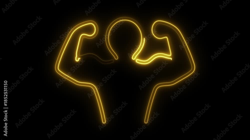 Gold fitness neon. Bodybuilding icon. Muscle flex glow. Gym workout ...