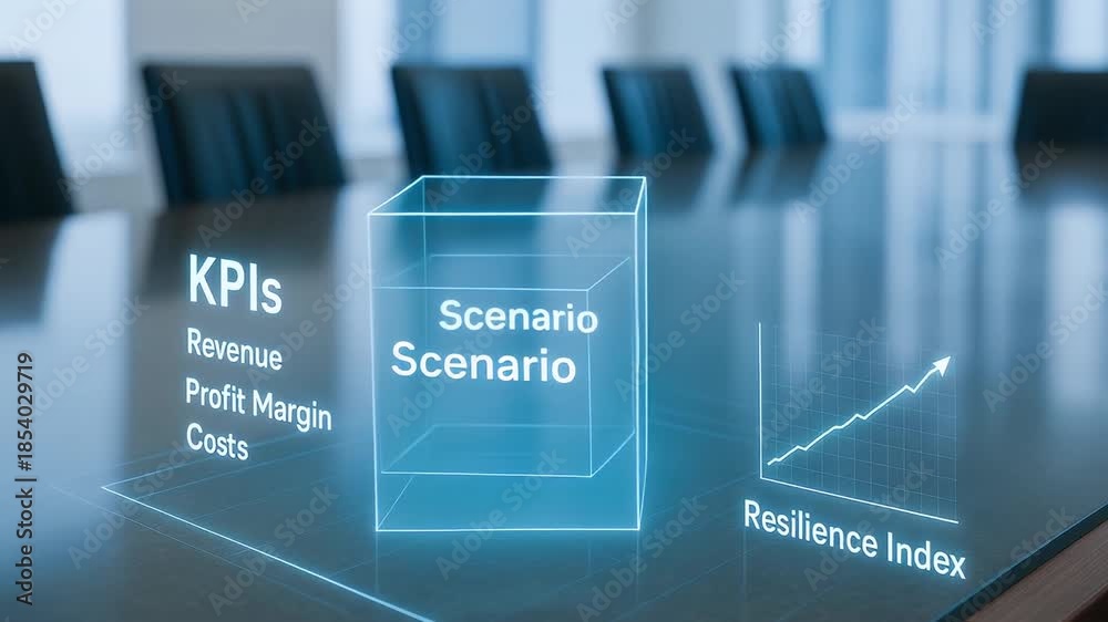 Hologram business data visualization featuring KPIs, revenue, profit ...