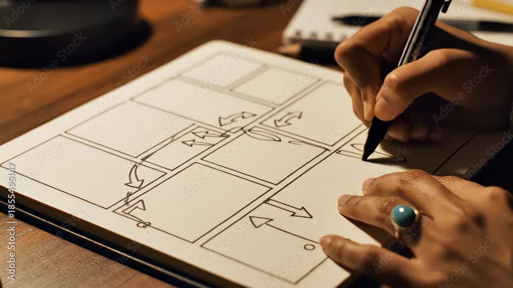 Creative hands drawing a visual storyboard or workflow on blank comic ...