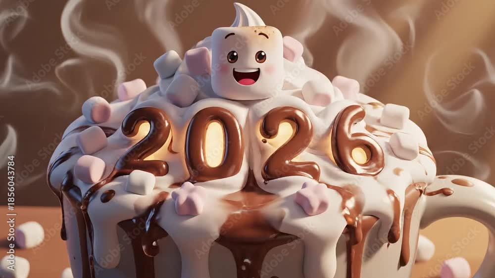 cute marshmallow character in a hot chocolate mug with 2026 numbers on ...