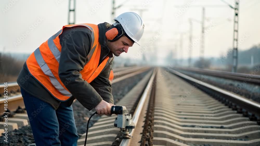 Stockvideo Rail track inspection worker wearing safety helmet high ...