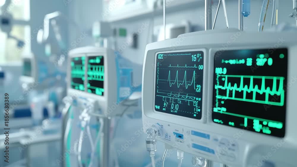 Monitors show real time heart rates and other vital signs in a ...