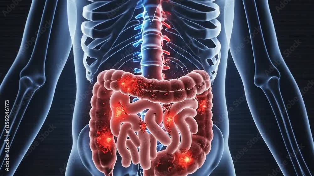 Inflamed Intestines in a Medical 3D Animation of a Human Digestive ...
