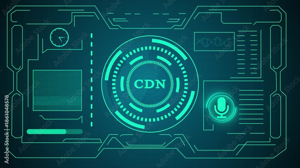 Futuristic CDN interface HUD animation, artificial intelligence digital ...