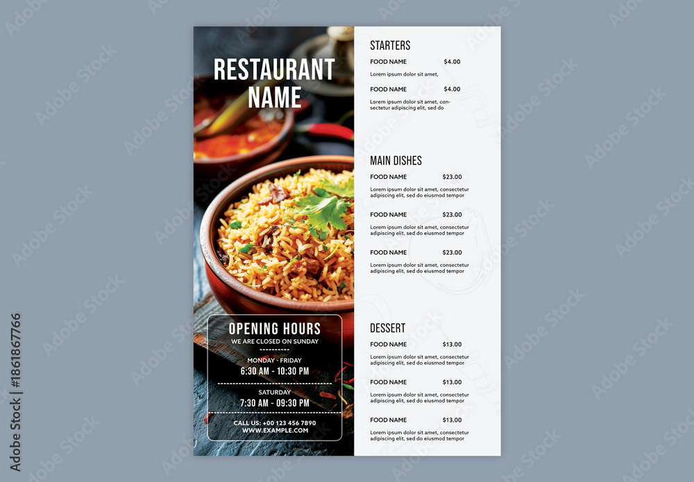 Editable Modern Restaurant Menu Card Template Design with Food Image ...