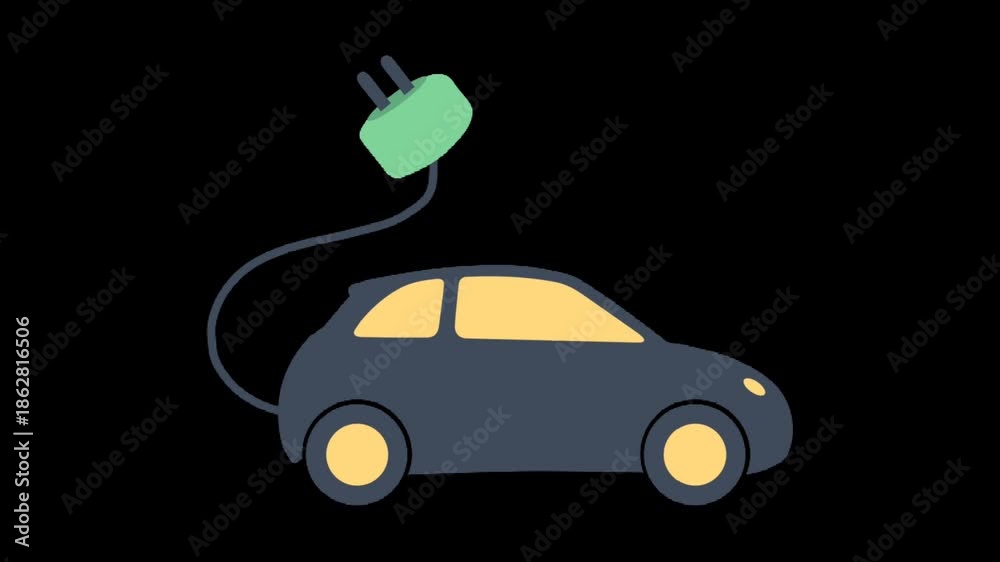 Flat animated electric car with plug charges on black background, clean ...