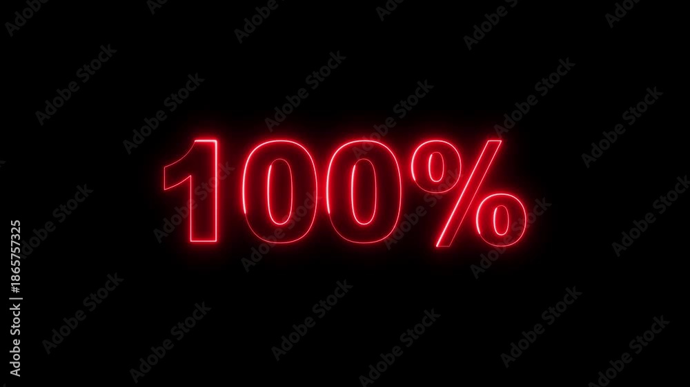 Neon 100 Percent Progress Indicator on Black Background, Completion and ...