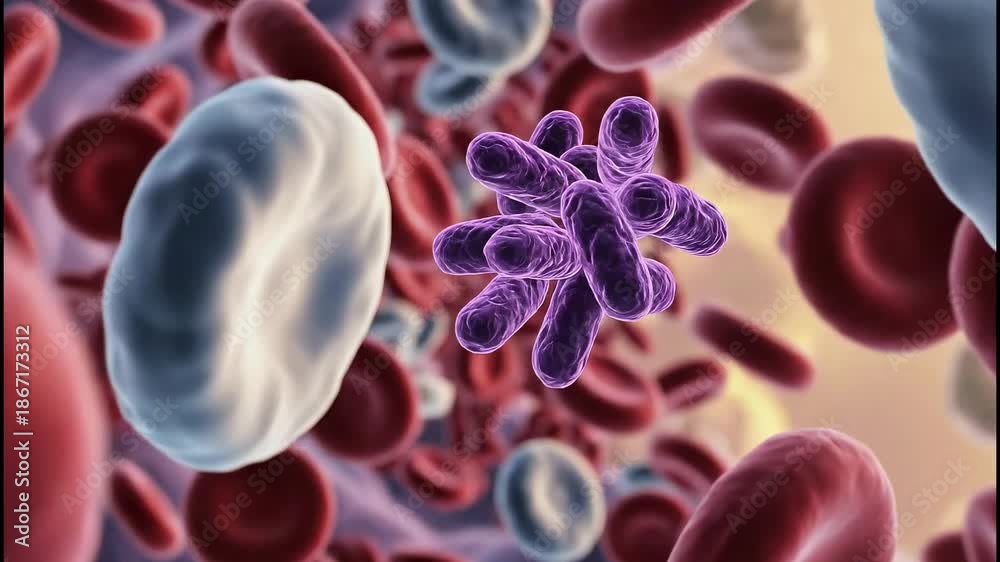 Microscopic view of bacteria and blood cells in the bloodstream ...