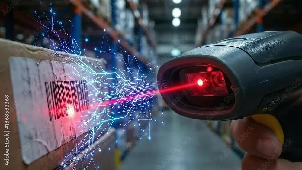 AI driven process efficiency concept. Laser scanner reading barcode in ...
