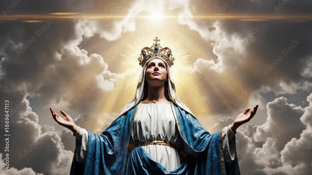 Woman as Virgin Mary statue looking up to cloudy sky with sun rays ...