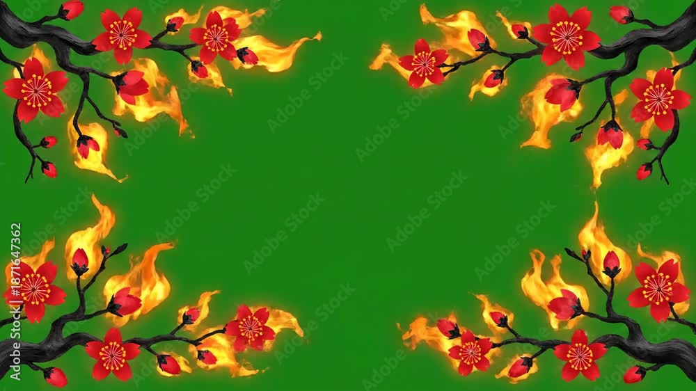 Festive 2d animation of fiery red plum blossoms framing the 2026 year ...