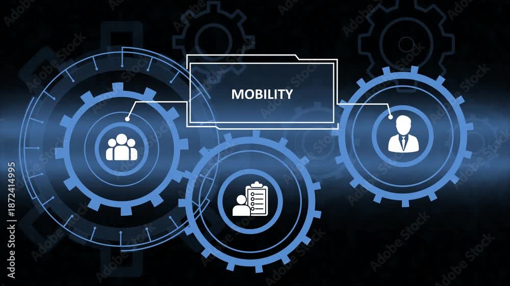 Abstract blue technology interface featuring interlocking gears with ...