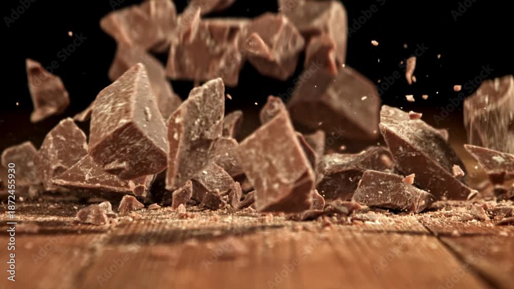 Super slow motion pieces of dark milk chocolate. Filmed on a high-speed ...