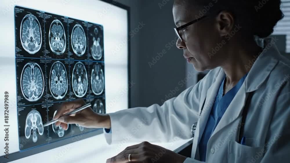 Female Doctor Examining Brain MRI Scans in Dark Medical Office 素材庫影片 ...