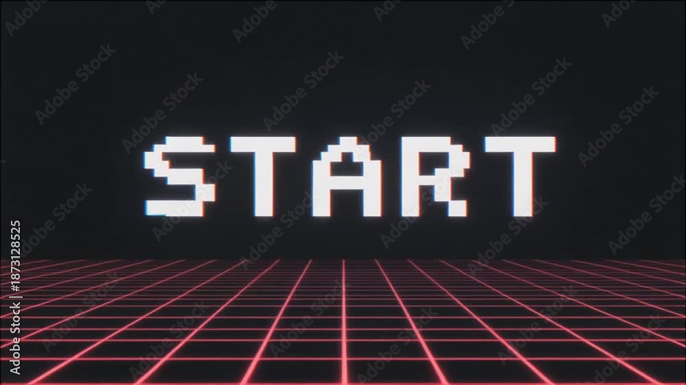 retro arcade game style, big pixel text “START” blinking, 8-bit pixel ...