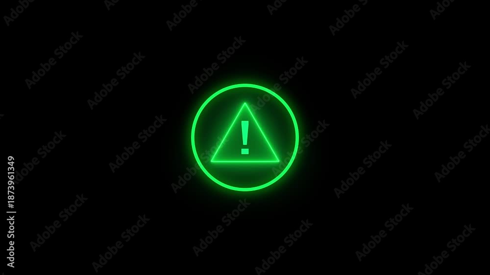 Glowing light neon green color warning attention icon animation danger ...