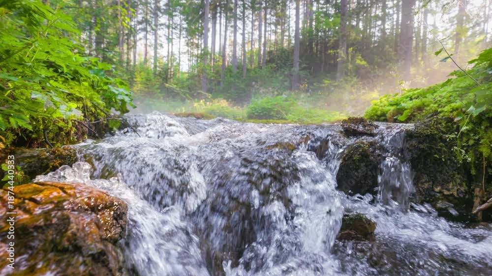 Peaceful woodland river with gentle water flow and lush green forest ...