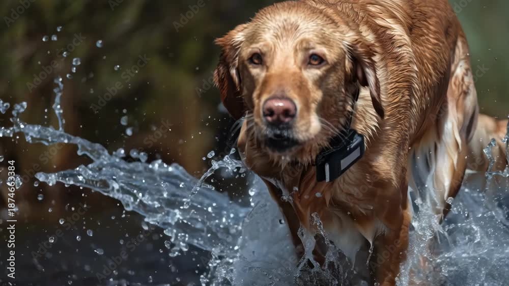 Medium shot of a dog running through water equipped with a waterproof ...