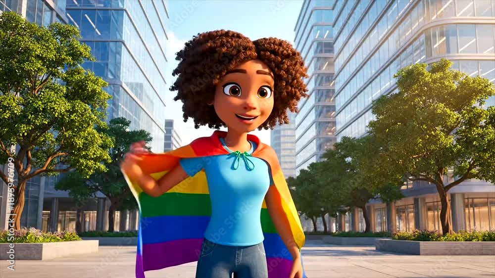 Animated Woman Celebrating Pride Month with a Rainbow Flag Cape in an ...