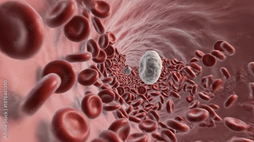 Red blood cell flow inside blood vessel with white blood cell moving ...