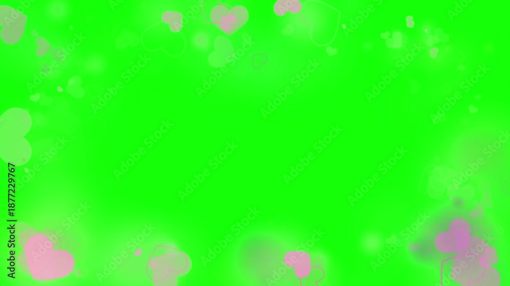 Animated soft pink heart shapes float gently across a vibrant green ...