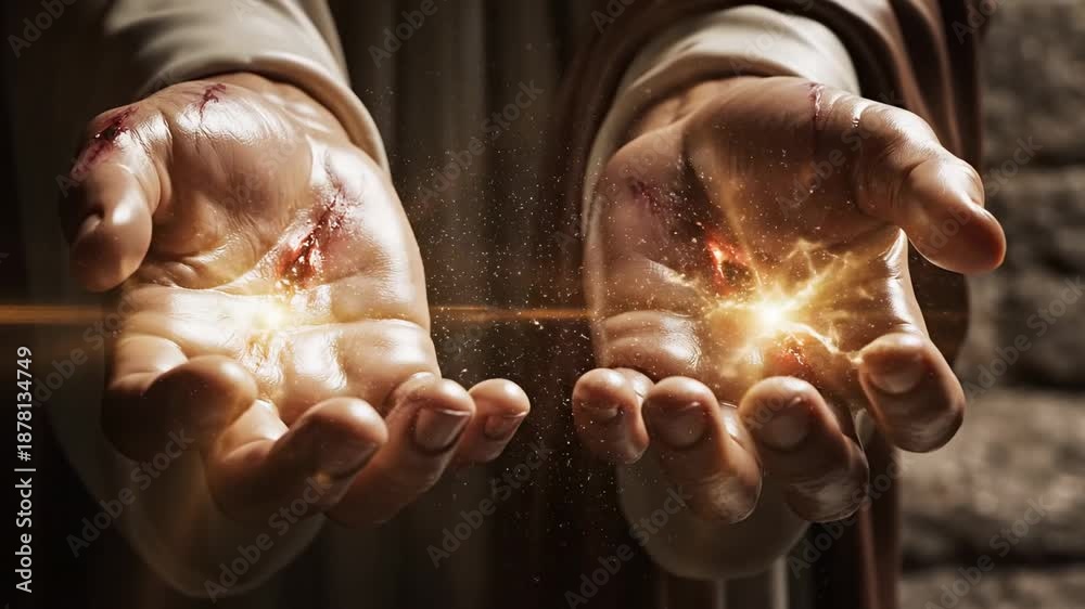 Resurrected hands of Jesus Christ with glowing stigmata wounds and holy ...