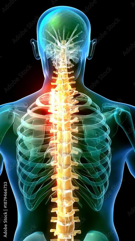 Human spinal column and nervous system anatomy visualized through X ray ...