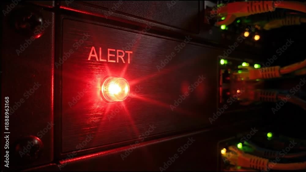 Cybersecurity startup hub glowing red alert light on server panel ...