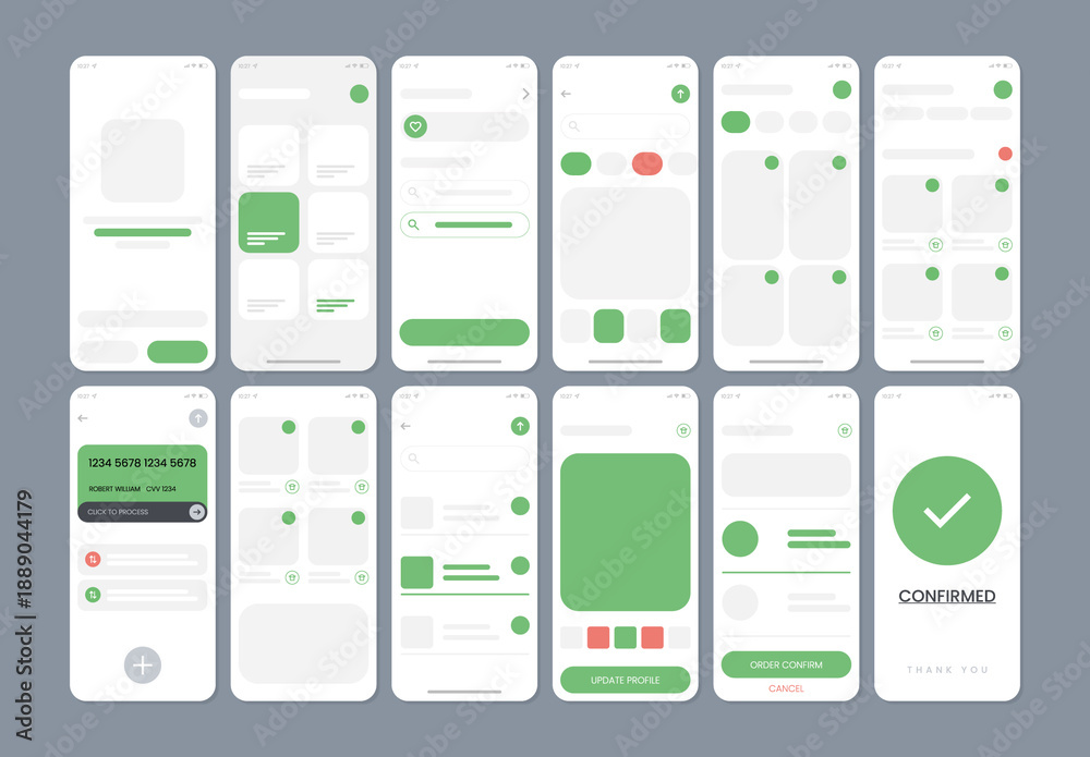 Modern AI Mobile App UI Wireframe Design Set with User Flow, Cards and ...