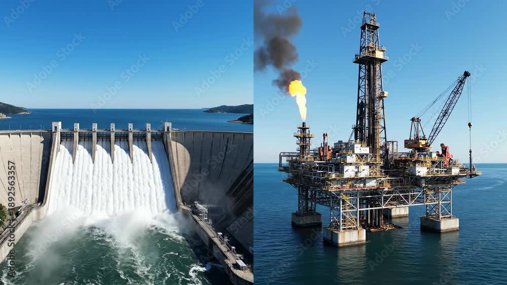 Split screen view contrasting a hydroelectric dam generating clean ...