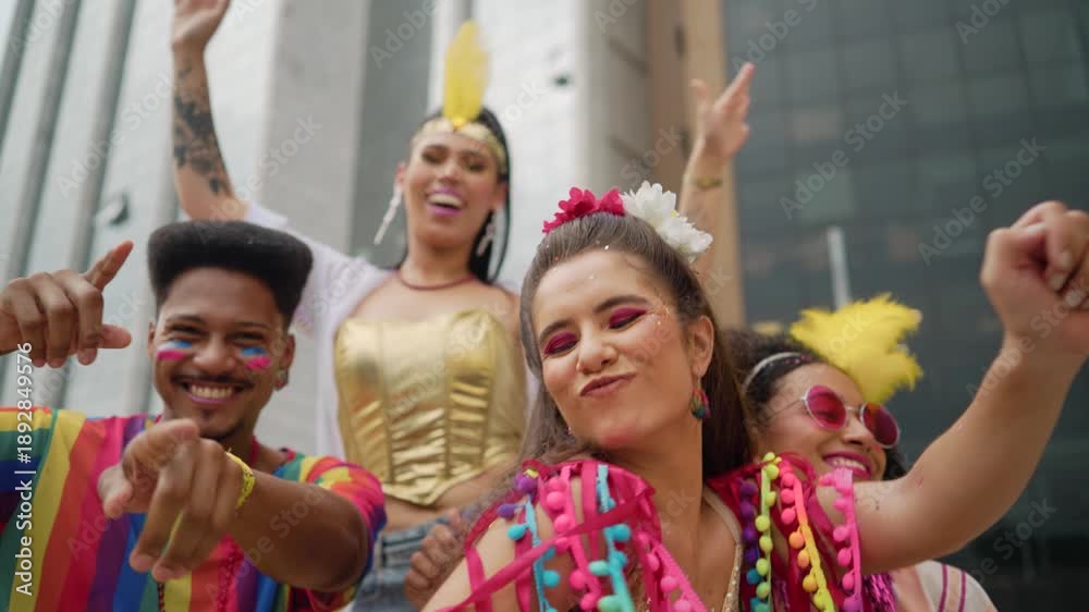 Cheerful Friends Celebrating at a Brazilian Carnival Street Party ...
