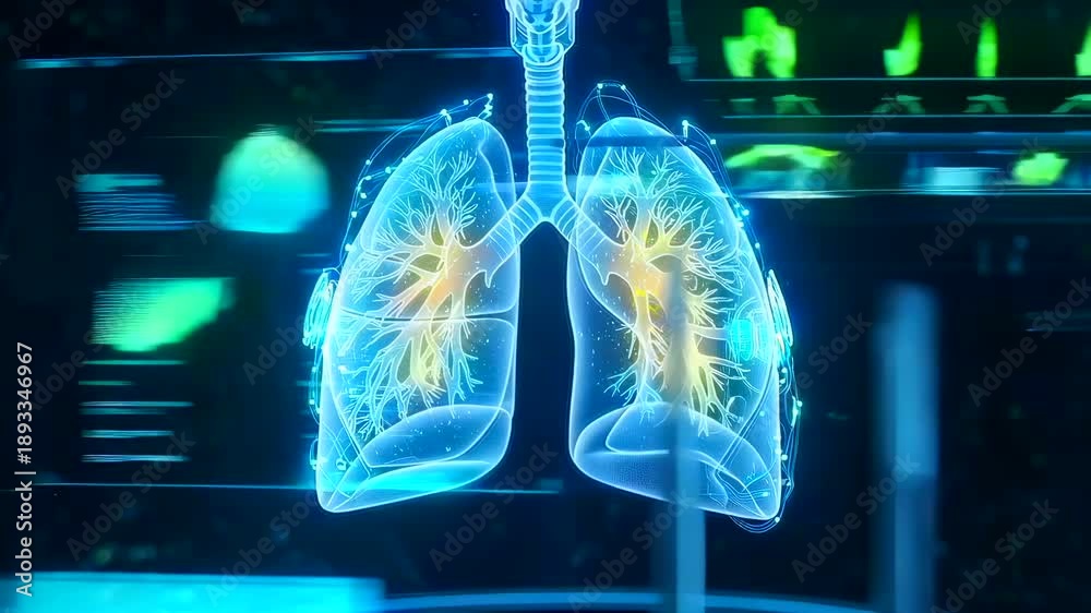 D lung visualization, Doctor reviews detailed airway flow and alveoli ...