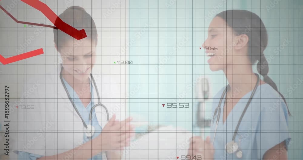 Two doctors comparing patient data in clinic, showing floating color ...