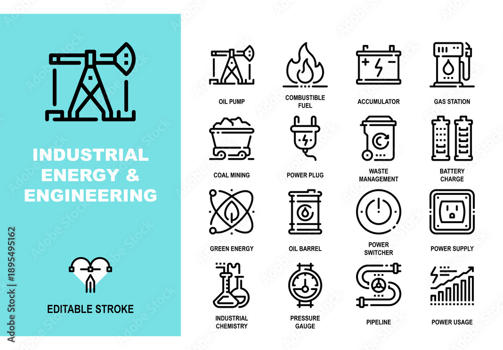 Vector set of industrial energy and engineering line icons. Pixel ...