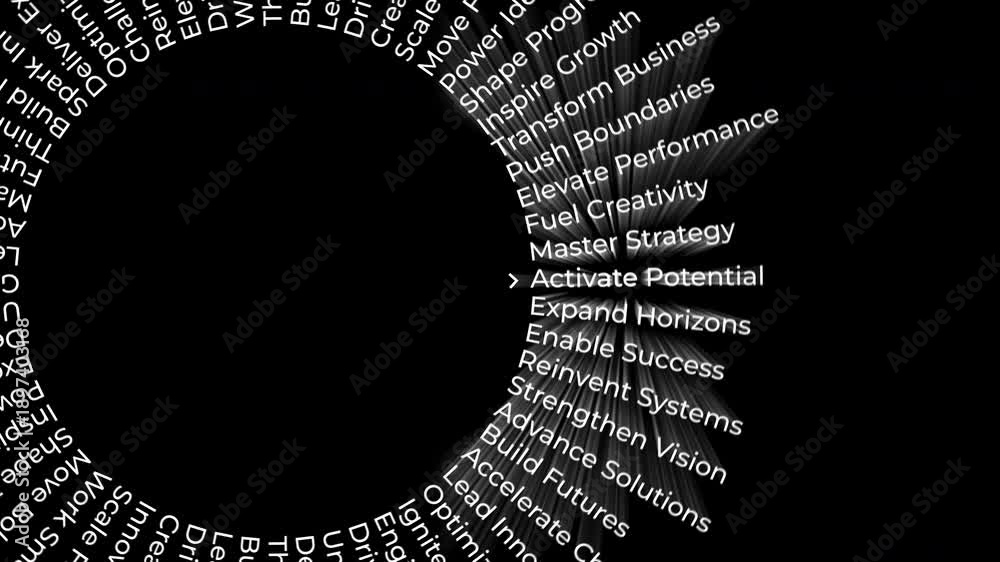 Rotating circle of motivational business slogans with glowing 3D light ...