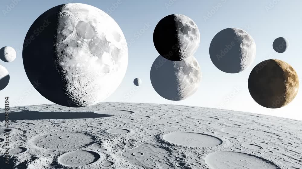 Multiple Moons and Lunar Surface Displaying Various Phases Above ...