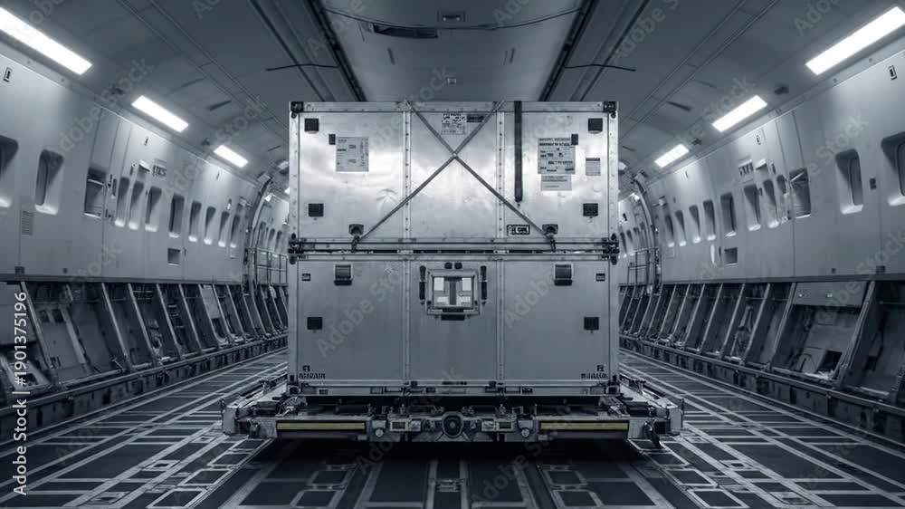 Inside cargo plane with large container, ready for transportation and ...