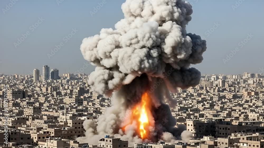 Massive explosion with fire and smoke rising over a cityscape Stock ビデオ ...